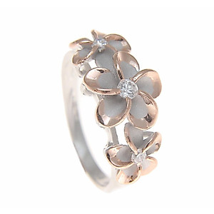 Arthur's Jewelry Sterling silver 925 Hawaiian 3 plumeria flower cz ring rhodium and pink rose gold plated size 8