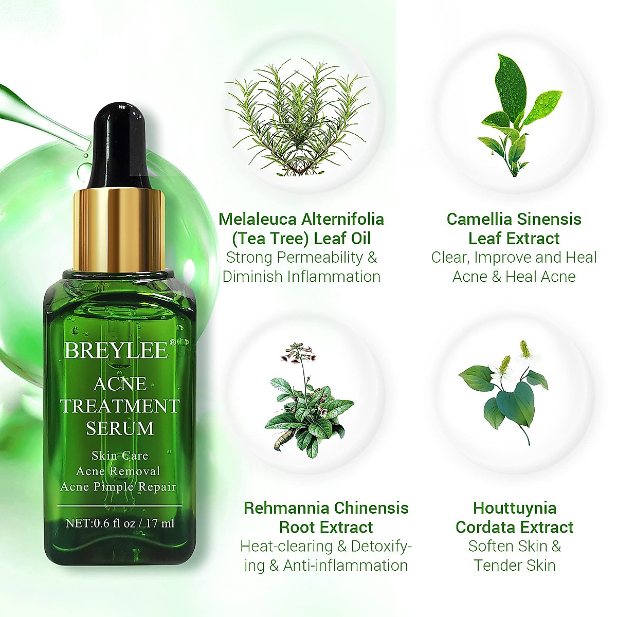Acne Treatment Serum, BREYLEE Tea Tree Clear Skin Serum for Clearing Severe Acne, Breakout, Remover Pimple and Repair Skin (17ml,0.6oz)