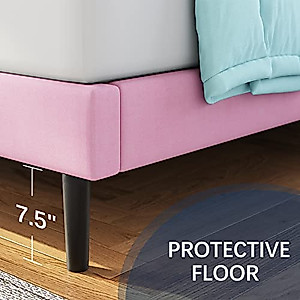 Moblly Full Size Platform Bed Frame with Headboard and No Box Spring Needed, Queen Bed for Large Storage Space/Mattress Foundation/Wood Slat Support/Easy Assembly, Pink