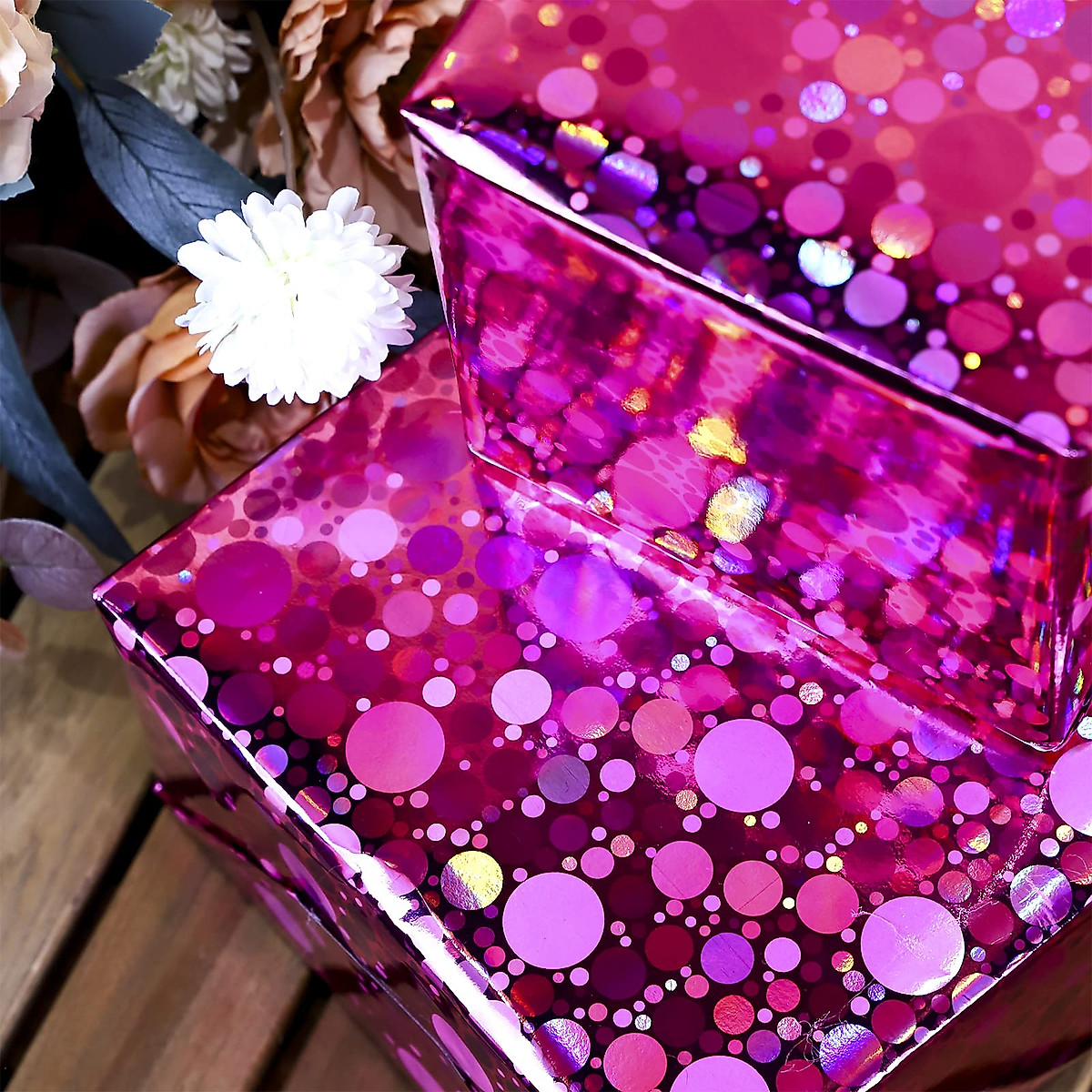 LeZakaa Pink Holographic Wrapping Paper - Mini Roll - Polka Dot Print for Mother's Day, Wedding, Engagement - 17 inches x 32.8 Feet (46.5 sq.ft.)