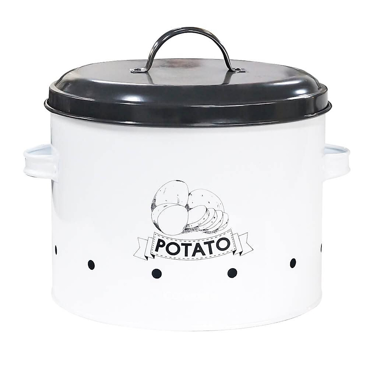 SOTECH Potato Onion Garlic Storage Bin with Lid Set of 3 Kitchen Pantry Organizer and Tin Vegetable Keeper Ventilated Vintage Grey and White Farmhouse Metal Containers Keeps Vegetables Fresh