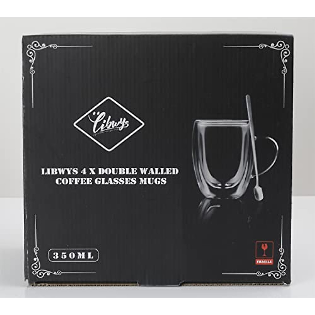 LIBWYS 4 Pack Double Walled Coffee Cups Glasses Mugs, 12oz Espresso Cappuccino Latte Tea Cups with Handle, Heat Resistant Borosilicate Clear Glasses 350ml