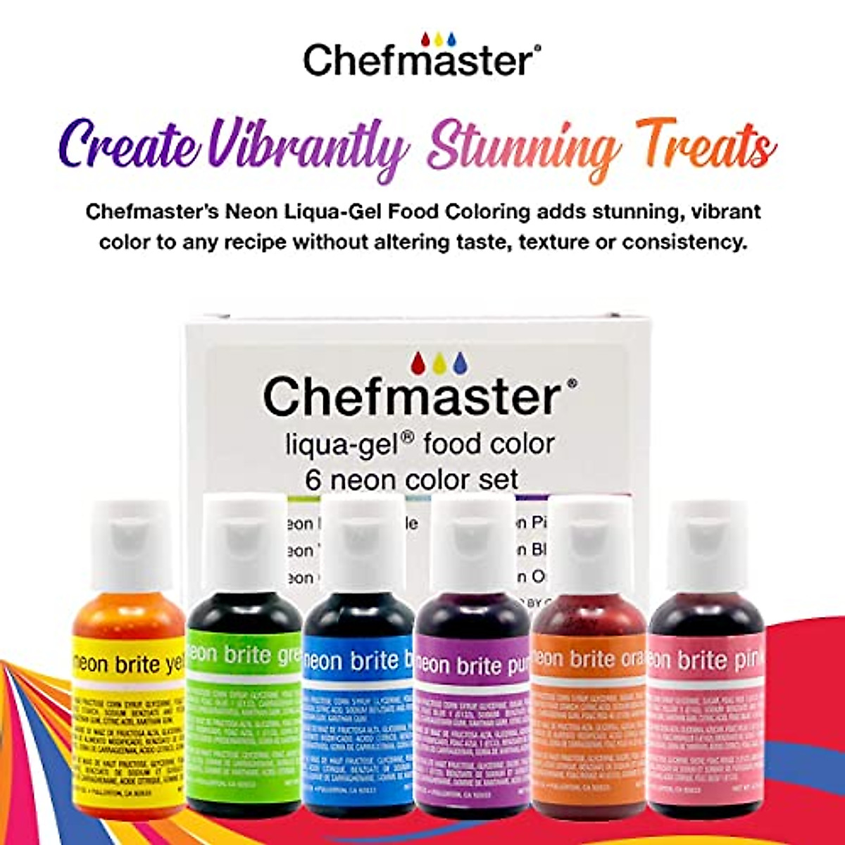 Chefmaster - Neon Liqua-Gel Food Coloring - Fade Resistant Food Coloring - 6 Pack of 20ml Bottles - Stunning, Vivid Colors with Lightweight and Easy-To-Blend Formula - Made in the USA