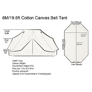 Playdo 6M Large 4 Season Canvas Wall Tent Yurts Tent with Stove Jack for Camping Festival (Size 19.6'L x 13.1'W x 9.8'H) (with stove jack)