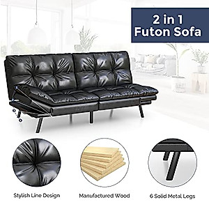 IULULU Memory Foam Futon Couch Bed Faux Leather Convertible Sofa with Adjustable Splitback Armrests for Compact Living Space, Black