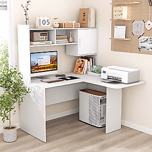 Giantex L Shaped Desk with Hutch, Corner Computer Desk with Storage Shelf & Cabinet, Laptop PC Table Gaming Desk Workstation, Modern Executive Study Writing Desk for Home Office, Bedroom, White