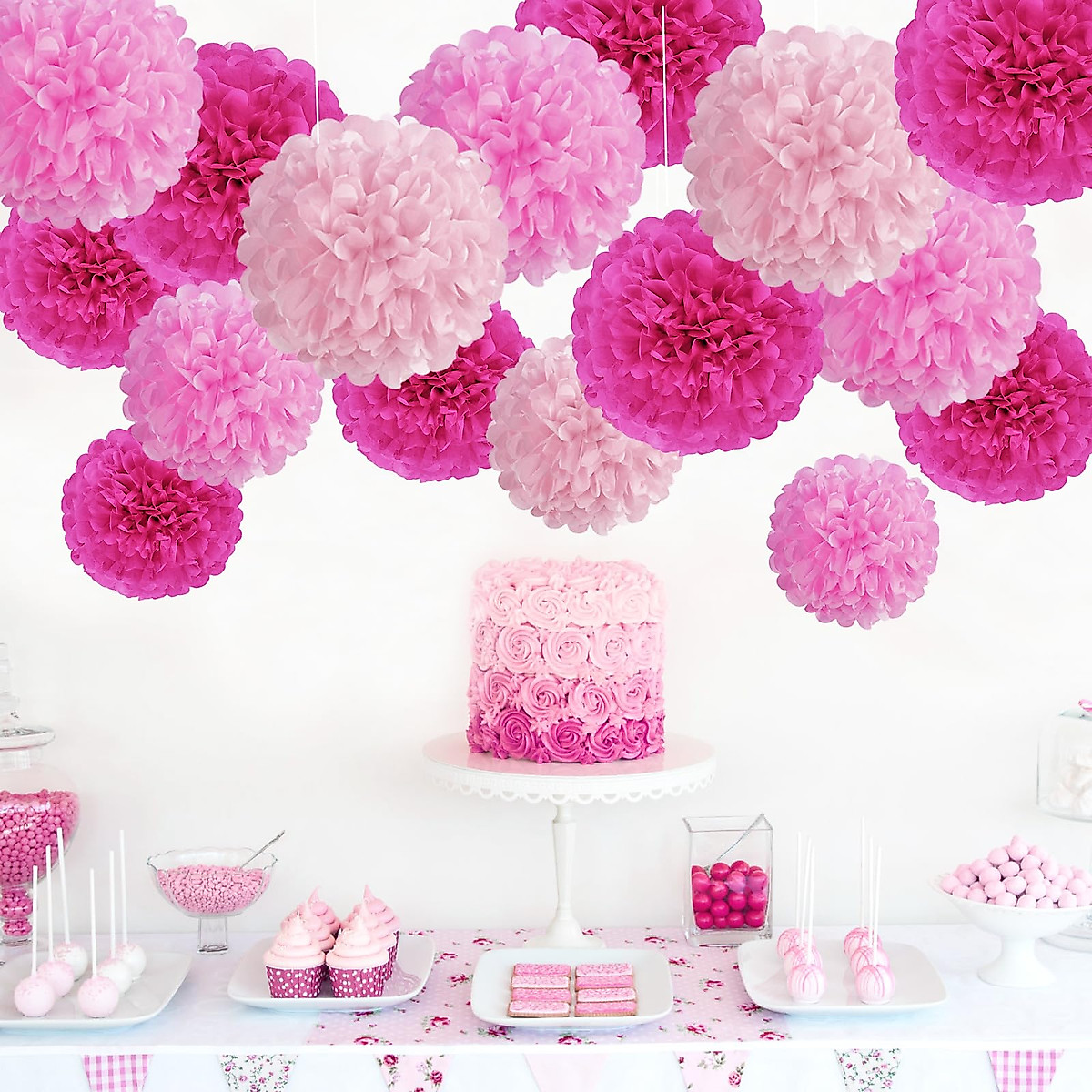 Hot Pink Tissue Pom Poms Paper Flowers Hanging Decorations Pink Flower Ball for Baby Shower Wedding Nursery Birthday Party Backdrop Home Outdoor