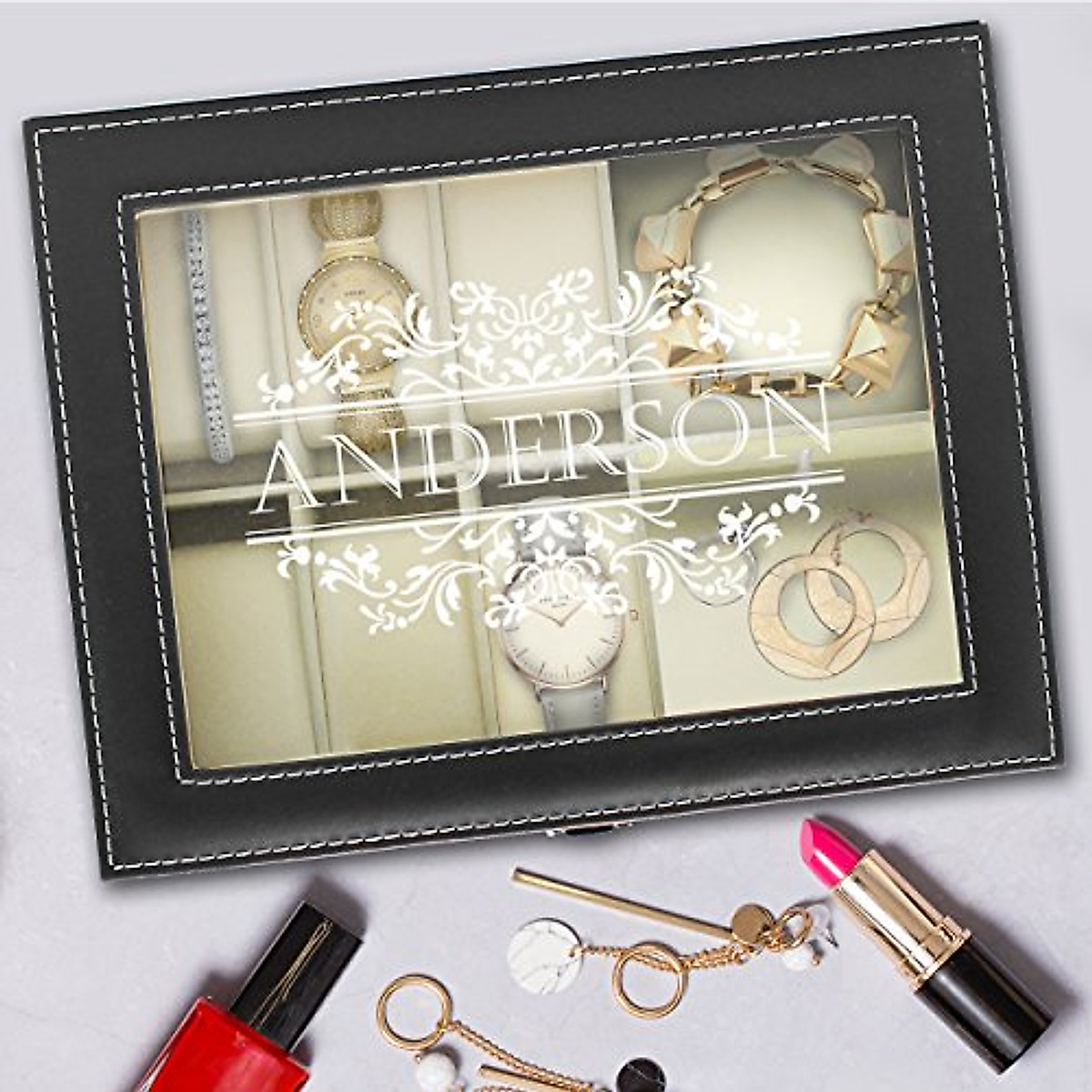 Custom Monogrammed Jewelry Box & Organizer - Personalized and Engraved Bridesmaid Accessories Gift for Mom, Wife, Her (Black)