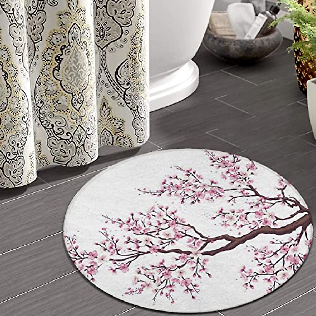 Round Area Rugs 3ft Diameter Throw Rugs Non-Slip Floor Carpet for Bedroom Living Room Nursery Decor (Branch of A Flourishing Tree Flowers Cherry Blossoms Spring Theme Art White)