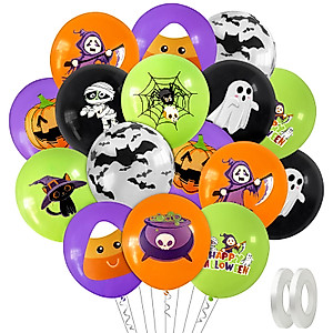 60Pcs Halloween Balloons, 12" Orange Black Purple Green Halloween Party Ballons, Pumpkin Bat Ghost Halloween Theme Latex Ballons for Halloween Birthday Party Decorations Halloween Decorations (A)