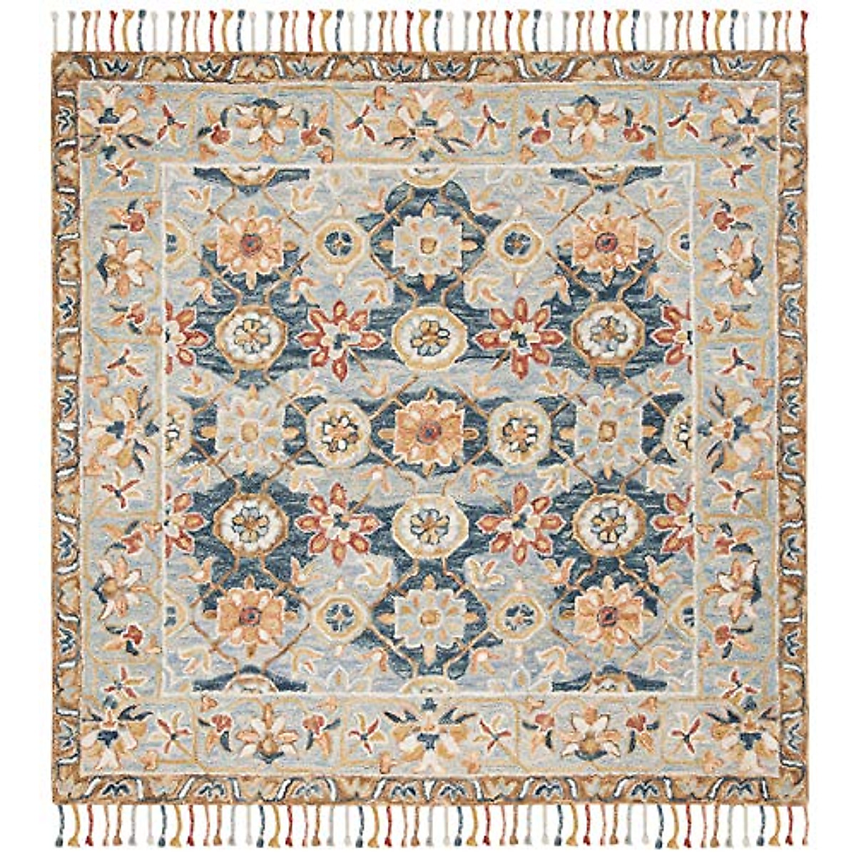 SAFAVIEH Aspen Collection 7' Square Grey / Navy APN110A Handmade Boho Braided Tassel Wool Area Rug
