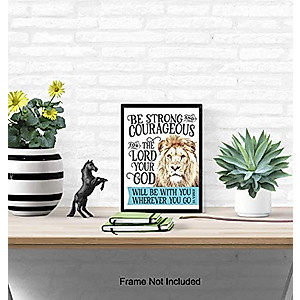 Be Strong and Courageous Wall Art - Lion Religious Scripture Decor - Christian Bible Verse Gifts for Men, Boys Bedroom, Teen Room - Motivational, Positive, Inspirational Quotes - Blessed Wall Decor