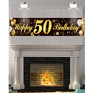 Happy 50th Birthday Banner,Birthday Party Sign Backdrop Banner For Men Women Cheer to 50 Years,Durable Black&Gold Glitter Birthday Sign Yard Sign For 50th Birthday Party Decoration Supplies(50 Black)