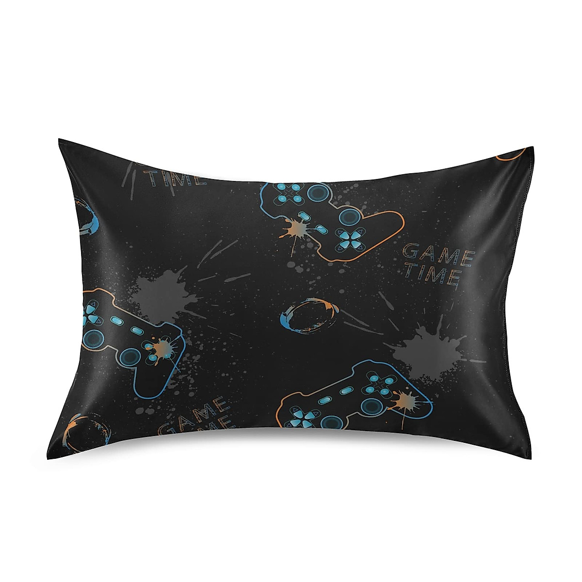 Oyihfvs Seamless Video Game Gamepad Joysticks in Black Blue Neon on Black Silky Satin Pillowcase for Hair and Skin, Soft Bed Pillow Cover, Decorative Silk Pillow Cases, Standard Size 20x26 inches