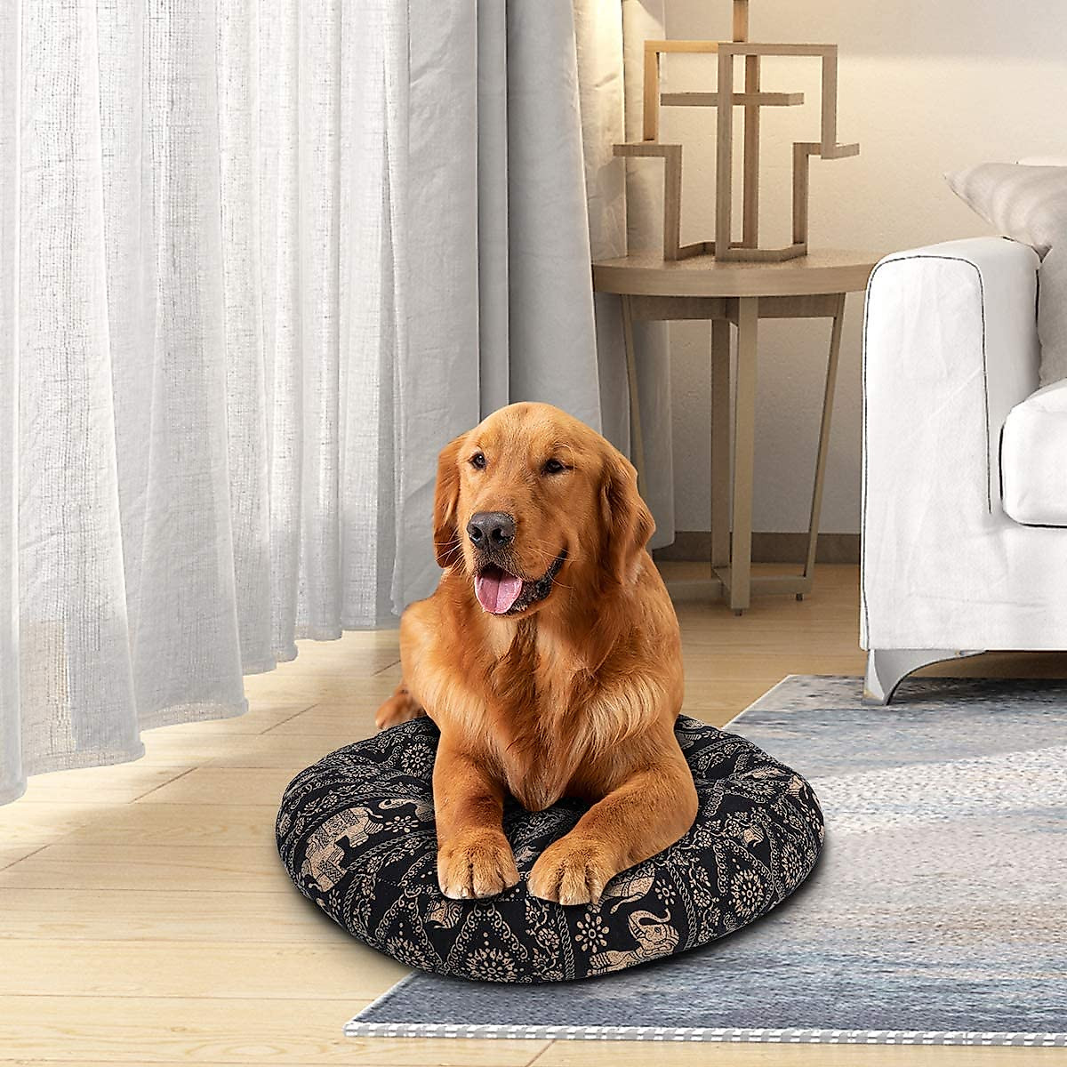 EGOBUY Meditation Cushion, Round Floor Seat Cushion Cotton Linen Sitting Pillow Yoga Pillow Tatami Mat for Home Decor Garden Party, 22x22 Inch, Black Elephant