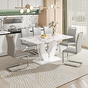 Pvillez White Dining Table Set for 6,Faux Marble Kitchen Table Set,63" Dining Room Table Set with Chairs,Modern Dinner Table Set with Marble Grain Top,7 Piece Dining Table Set