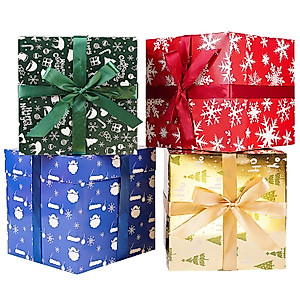 JWSCYSY Assorted Designs Christmas Gift Boxes with Lids, Tissue Papers and Ribbons, Medium Square Gift Boxes - 4 Pcs (8.7 Inch), Gift Wrapping Christmas Holiday New Year Presents Party Favor Boxes.