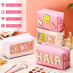 Sanwuta 4 Pcs Hair Face Skin Travel Bag Set Preppy Makeup Pouch PU Leather Skincare Bag Waterproof Cosmetic Organizer Birthday Christmas Gifts(White, Pink, Beige,Fresh Style)