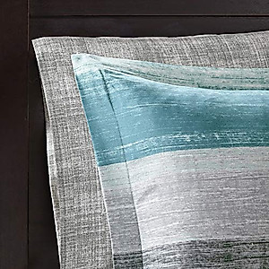 Madison Park Essentials Bed in a Bag Comforter, Vibrant Color Design All Season Down Alternative Cover with Complete Cotton Sheet Set, King(104"x92"), Saben, Stripe Aqua 9 Piece