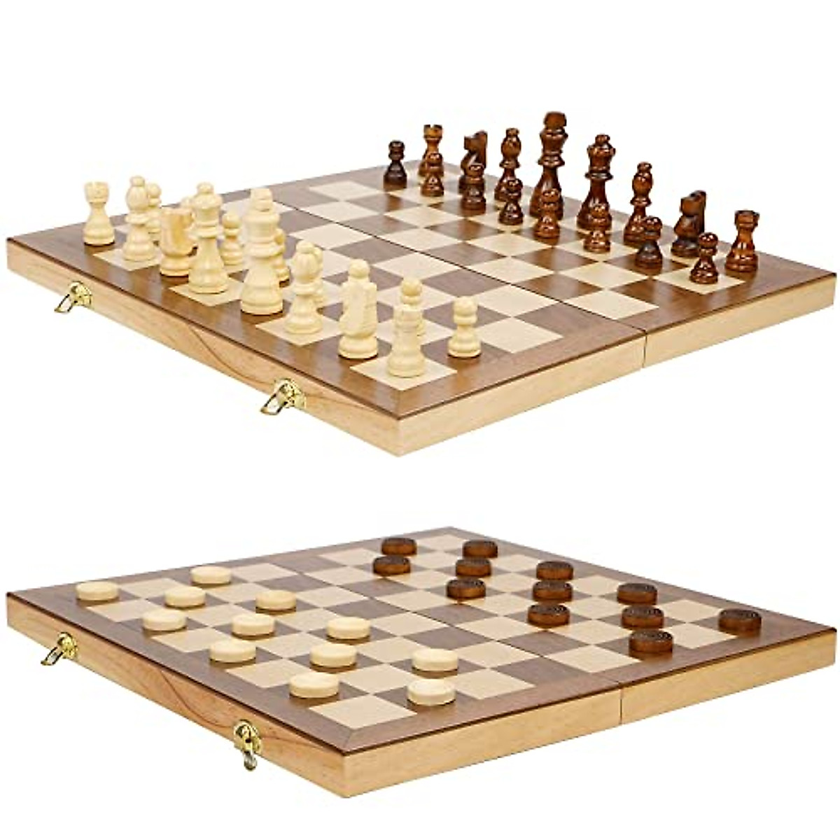 Juegoal 15" Wooden Chess & Checkers Set, 2 in 1 Board Games for Kids and Adults, with Felted Game Board Interior for Storage, Travel Portable Folding Chess Game Sets, Extra 24 Wooden Checkers Pieces