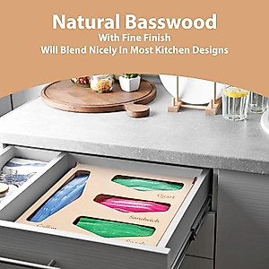 Storage Bag Organizer - Wooden Baggie Organizer for Drawer, Bass Wood - Quart, Snack, Gallon Size, Sandwich Bag Holder - Plastic Bag Organizer with Hinged Lid, Engraved Labels - 11.6x12x3.25"