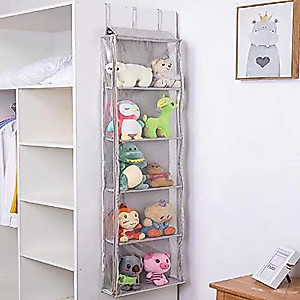 Stuffed Animal Storage, Hanging Over The Door Stuffed Animal Organizer with 5 Clear Dust-Proof Pocket Organizer for Display Kid's Toys.(Light Gray)