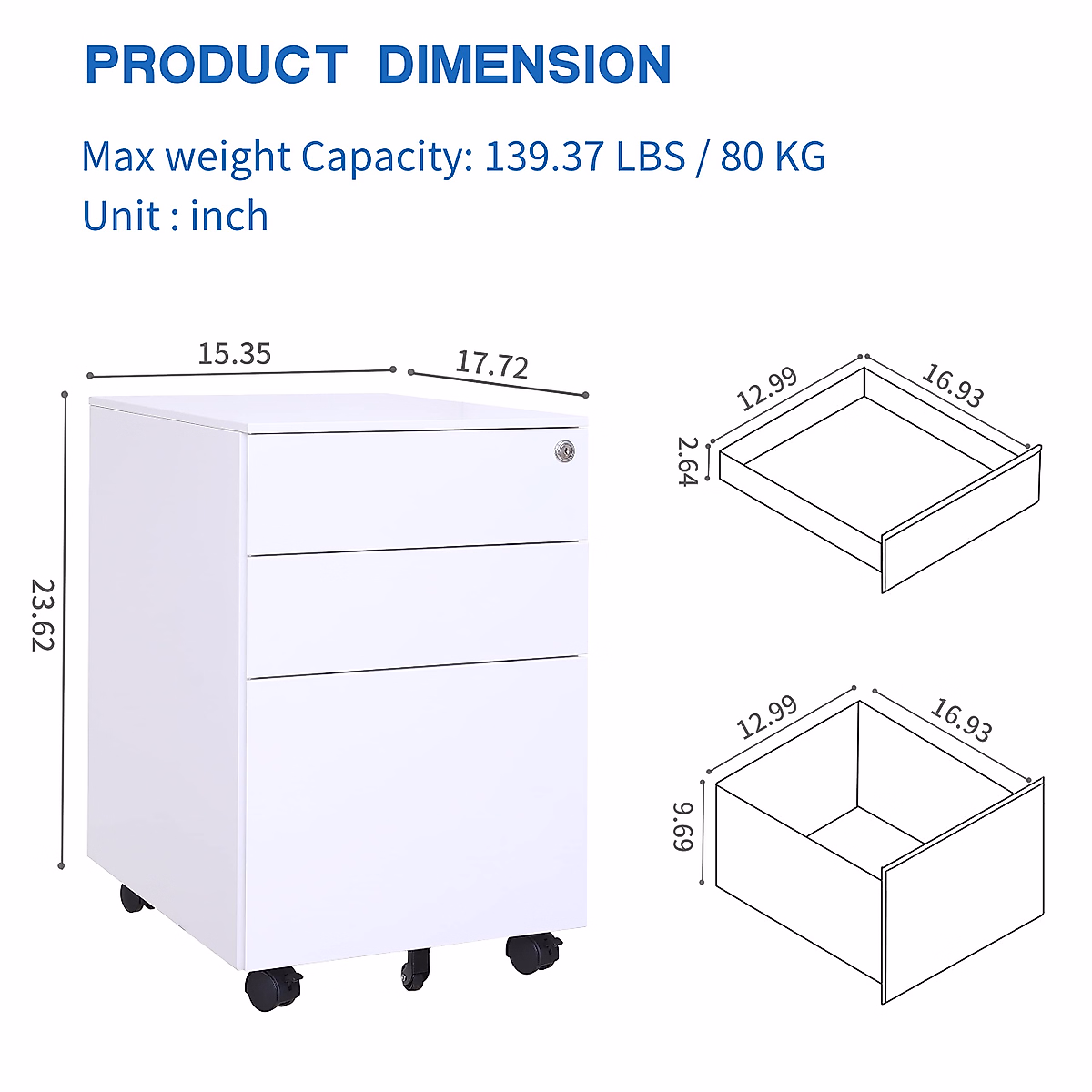 Majnesvon 3 Drawer Mobile File Cabinet with Lock Steel File Cabinet for Legal/Letter/A4/F4 Size, Fully Assembled Include Wheels, Home/Office Design, White+metal