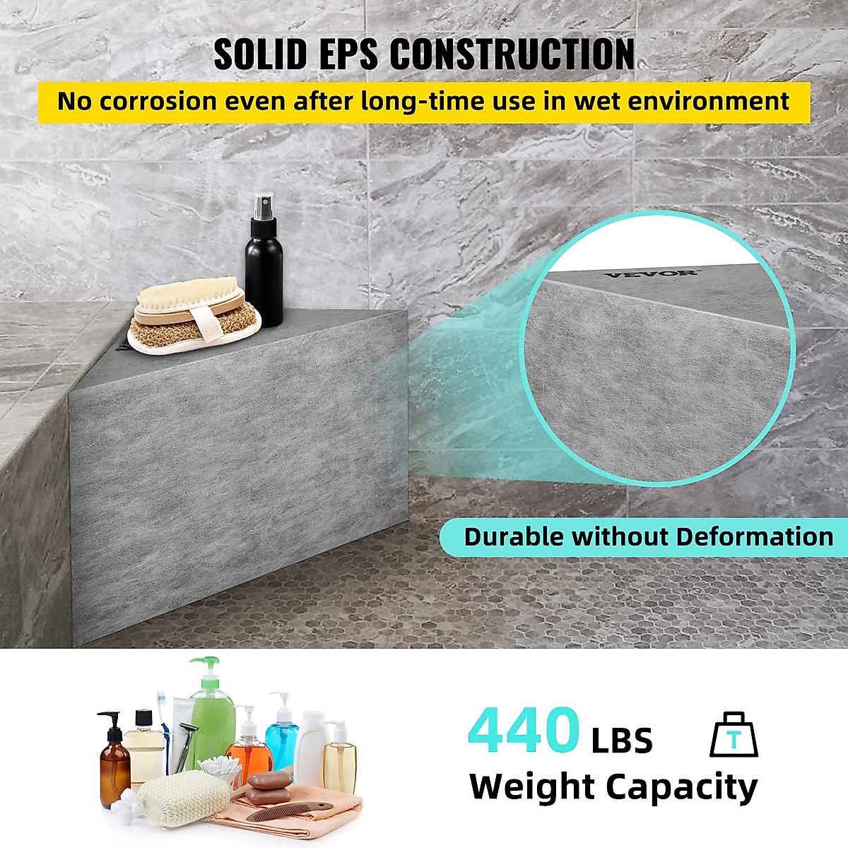 VEVOR Ready to Tile Shower Seat, 22.4" x 16" x 20" corner shower bench, Factory Waterproof & 100% Leak Proof Tileable Shower Corner Seat, 440lbs Load-Bearing Triangular Board Shower Bench, Grey