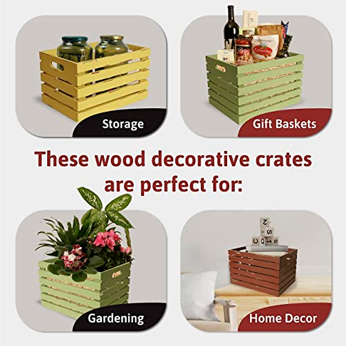 Wald Imports - Set of 3 Red, Green & Gold Wooden Crates for Storage - Decorative Wooden Crate Set for Home Decoration & Display - Vintage Storage for Household Goods