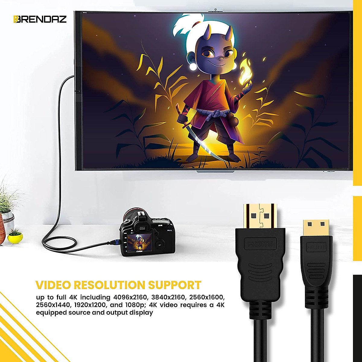 BRENDAZ 4K Mini HDMI to HDMI Cable – High Speed Ultra HD 2.0 Cable 10-ft. Compatible for Canon EOS 5D Mark II, Mark III and EOS Rebel T7i 60D T6i T6 T6s T5 T5i DSLR Camera (10-Feet)