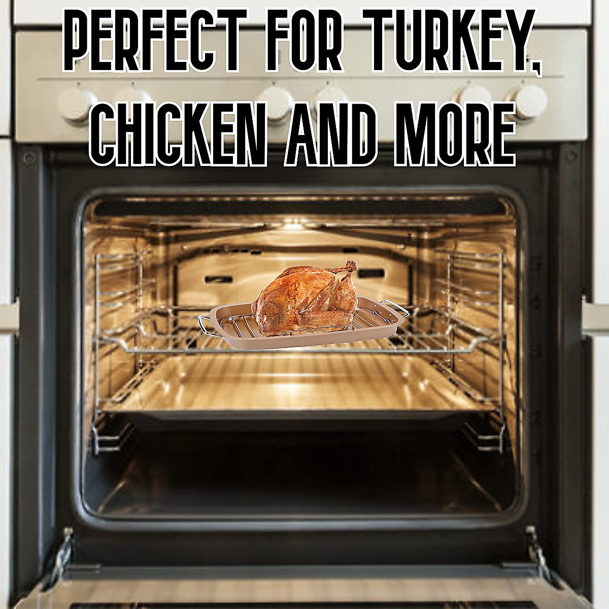 Heavy Gauge, Carbonized Steel, Commercial Kitchen Grade Copper Non-Stick Roaster with Chrome Floating Rack for 22 lb Turkey by Elle Gourmet