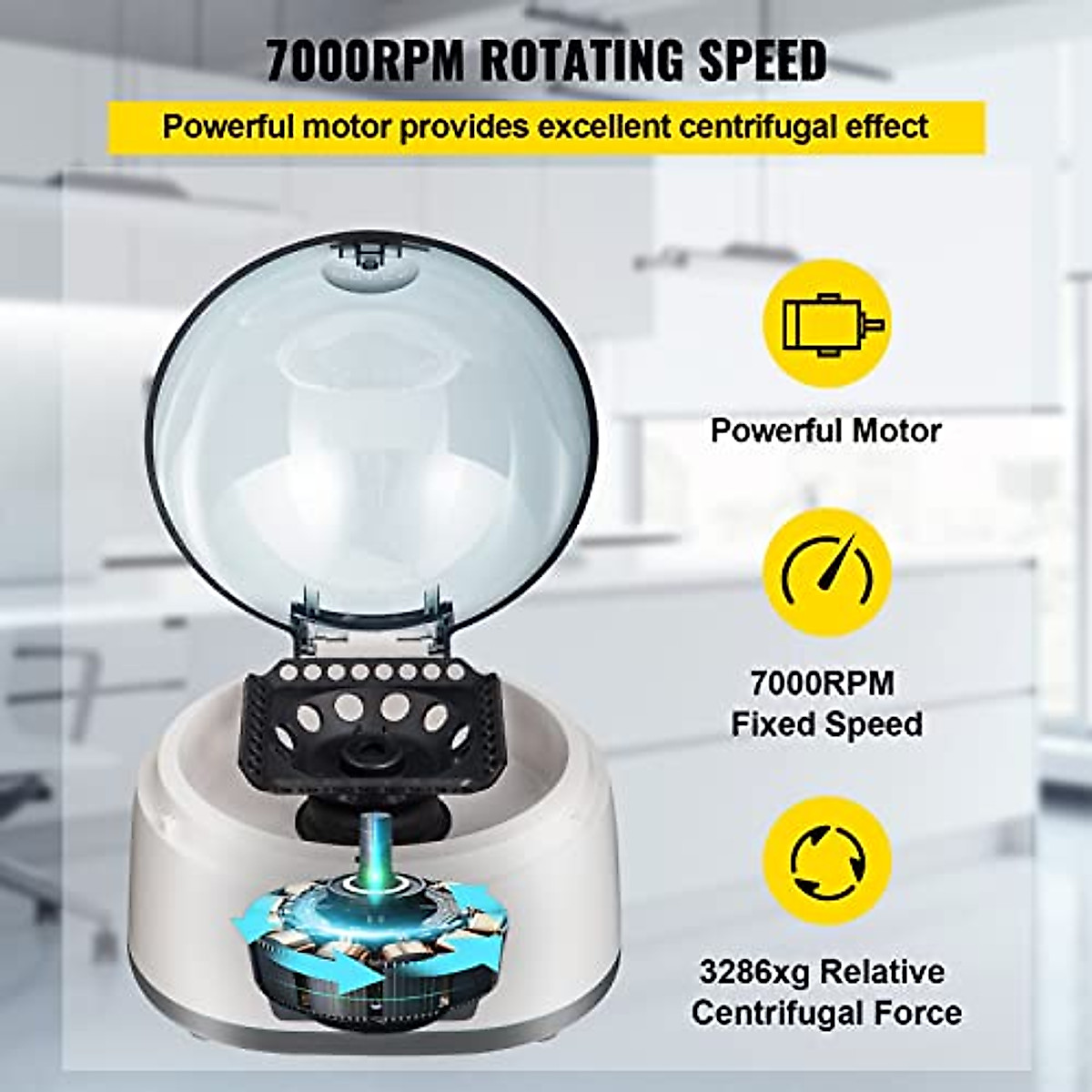 VEVOR Centrifuge Machine, 7000RPM Lab Centrifuge Machine Max. 3286xg RCF Scientific Mini Centrifuge with 2 in 1 Rotor for Lab Hospital College, fits 0.2/0.5/1.5/2mL Tubes, 0.2/0.5mL Adapters Included
