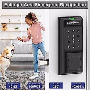 Secustone Smart Lock - Fingerprint Door Lock - Keyless Entry Door Lock - Smart Deadbolt Lock for Front Door with 2 Backup Keys, Door Lock with Keypad - 5 in 1 Auto Lock - Black