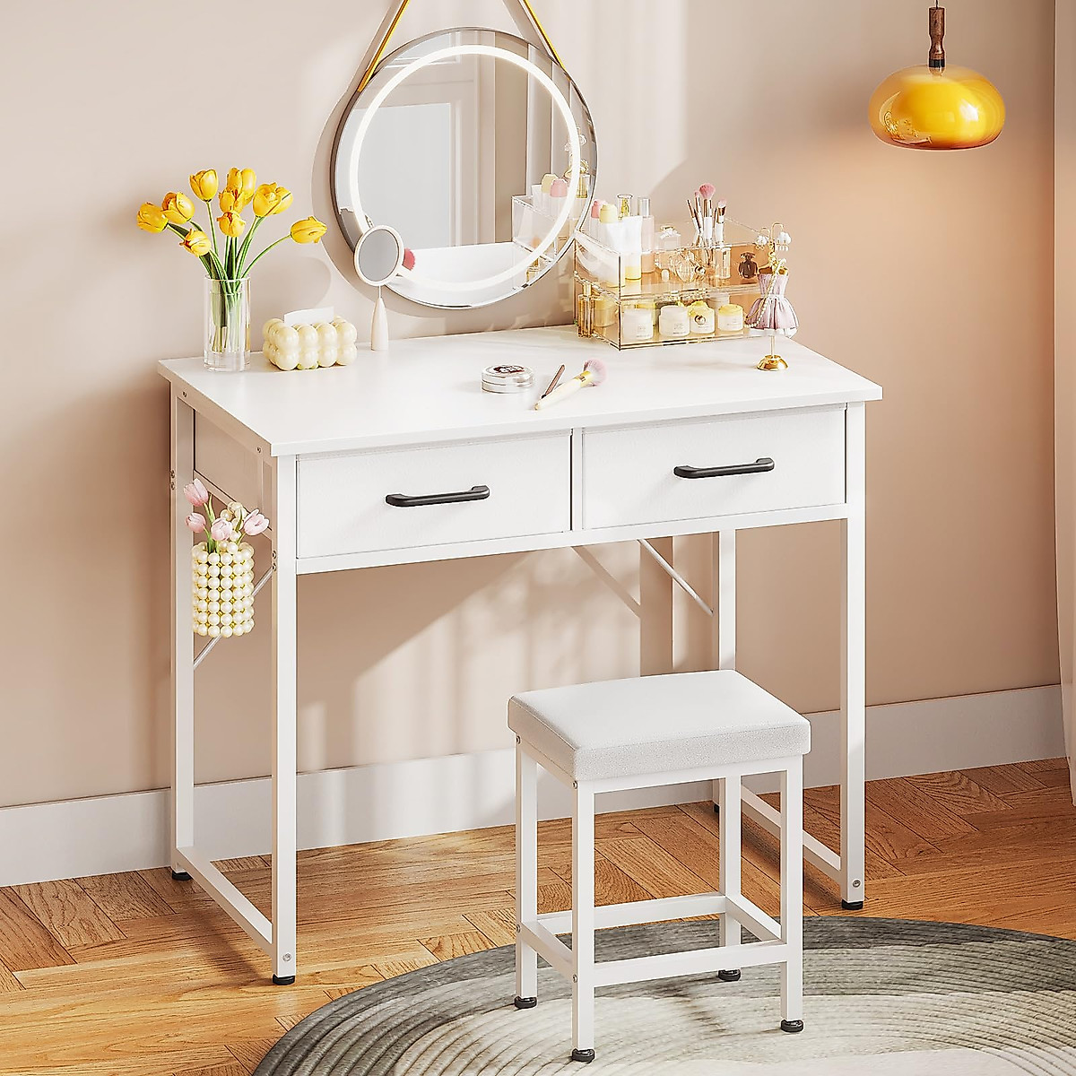AODK Vanity Desk with 2 Fabric Drawers, 32 Inch Makeup Vanity Without Mirror, Small White Vanity Desk for Bedroom, Makeup Vanity Table with Chair, Kids Girls Vanity Set, White