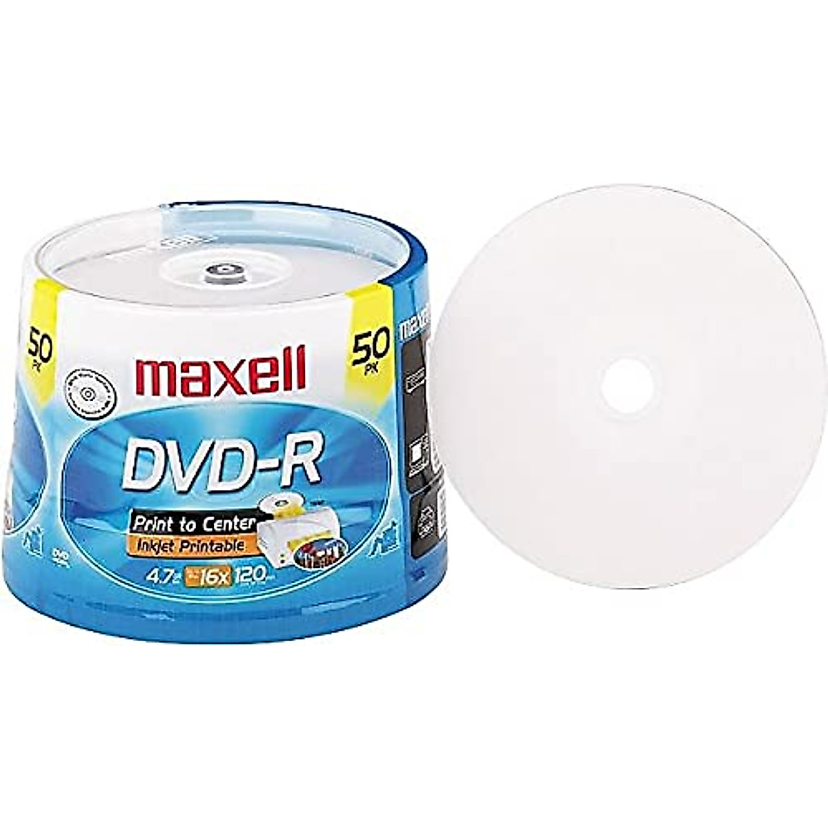 Maxell 638022 DVD-R Recordable Discs, Printable, 4.7GB, 16x, Spindle, White, 50/Pack