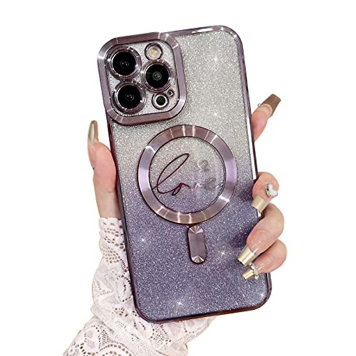 Fiyart Compatible with iPhone 14 Pro Max Case,Compatible with MagSafe Love Heart Plating Camera Protection Clear Phone Case, Magnetic Glitter for Women Girls Shockproof Back Bumper 6.7"-Purple