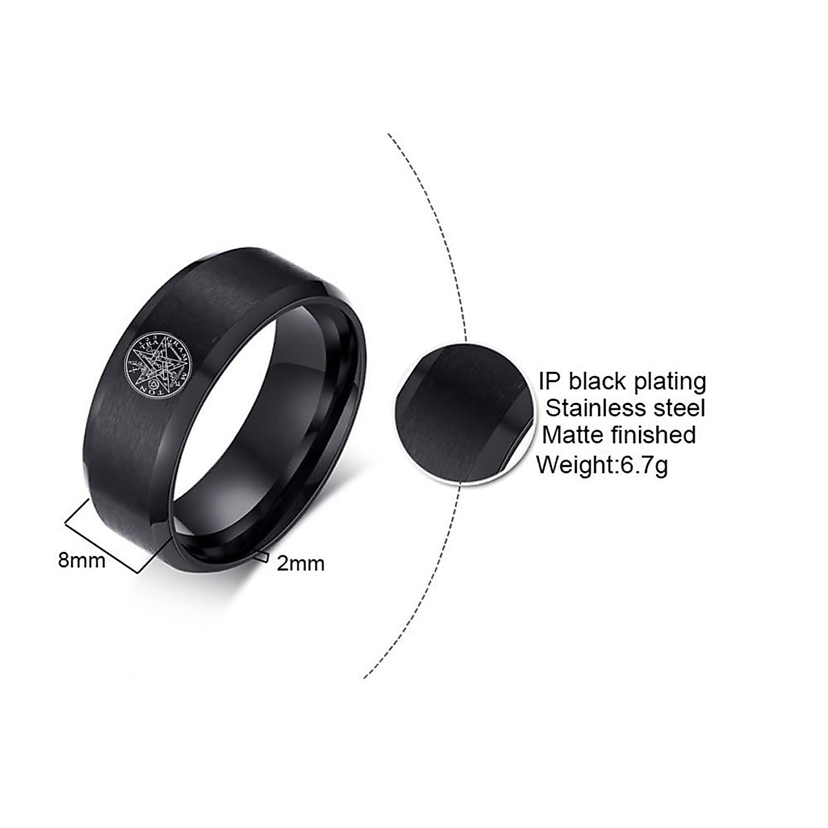 Black Matte Pentagram Pentacle Wiccan Ring - Stainless Steel Occultic Seal of Solomon Tetragrammaton Levi's Pentagra Amulet Finger Ring for Men Women, Size 9