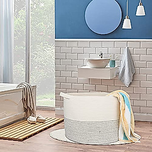 NIACONN XXLarge Laundry Basket 20" X 20" X 13.8" Round Woven Baby Laundry Hamper with Handle Cotton Rope Storage Baskets for Clothes Blanket & Toy Storage(White)