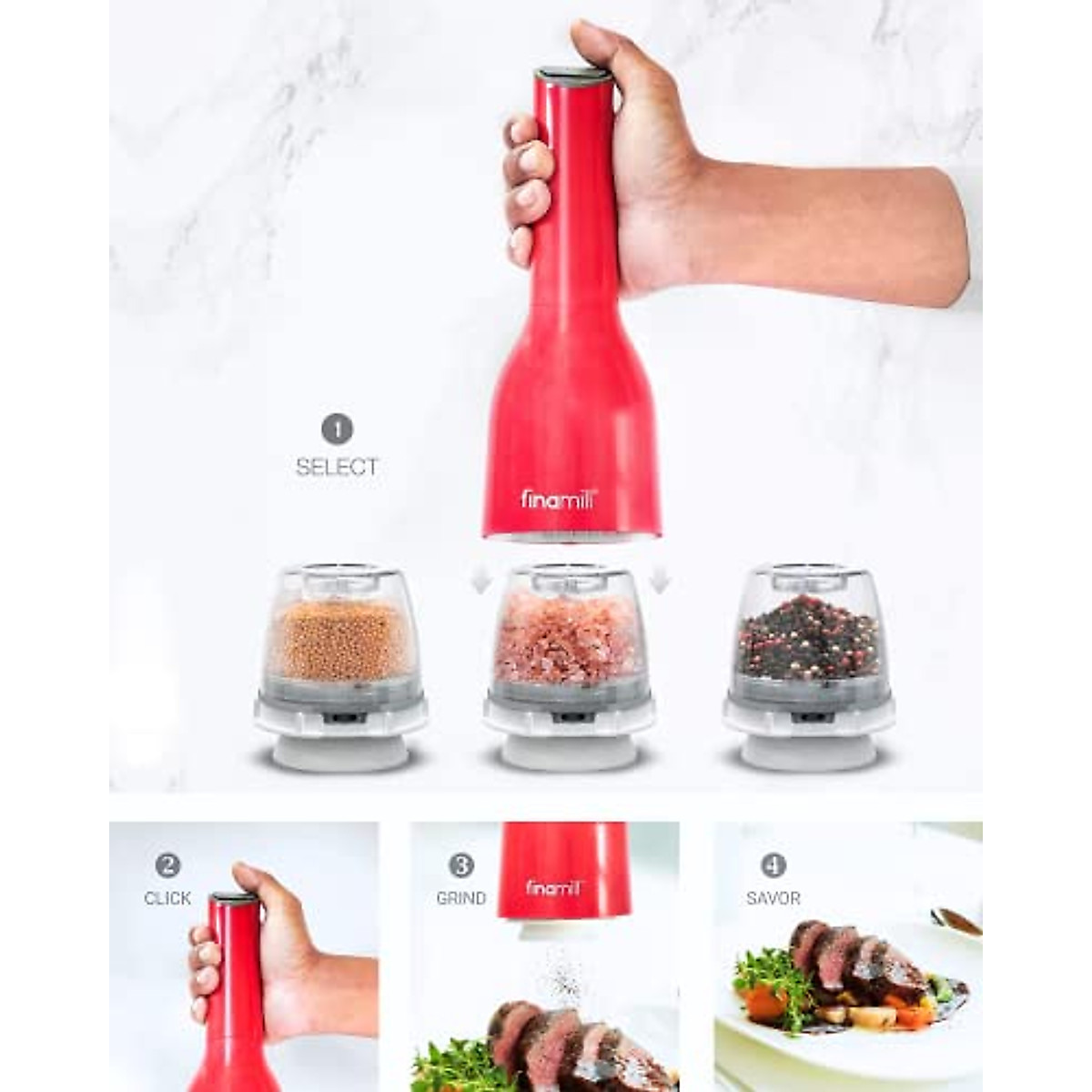 FinaMill – Award Winning Battery Operated Pepper Mill & Spice Grinder in One, Adjustable Coarseness, Ceramic Grinding Elements, One Touch Operation with LED Light, includes 2 Quick-Change ProPlus Pods