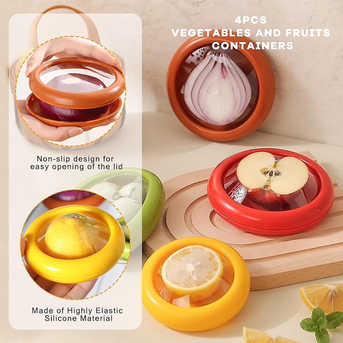 4 Pcs Vegetable and Fruit Storage Containers for Fridge, Refrigerator Vegetable Crisper Makes Food Stays Fresh Longer, BPA Free & Reusable, Ideal Avocado Lemon Tomato and Onion Keeper/Saver/Holder (A)