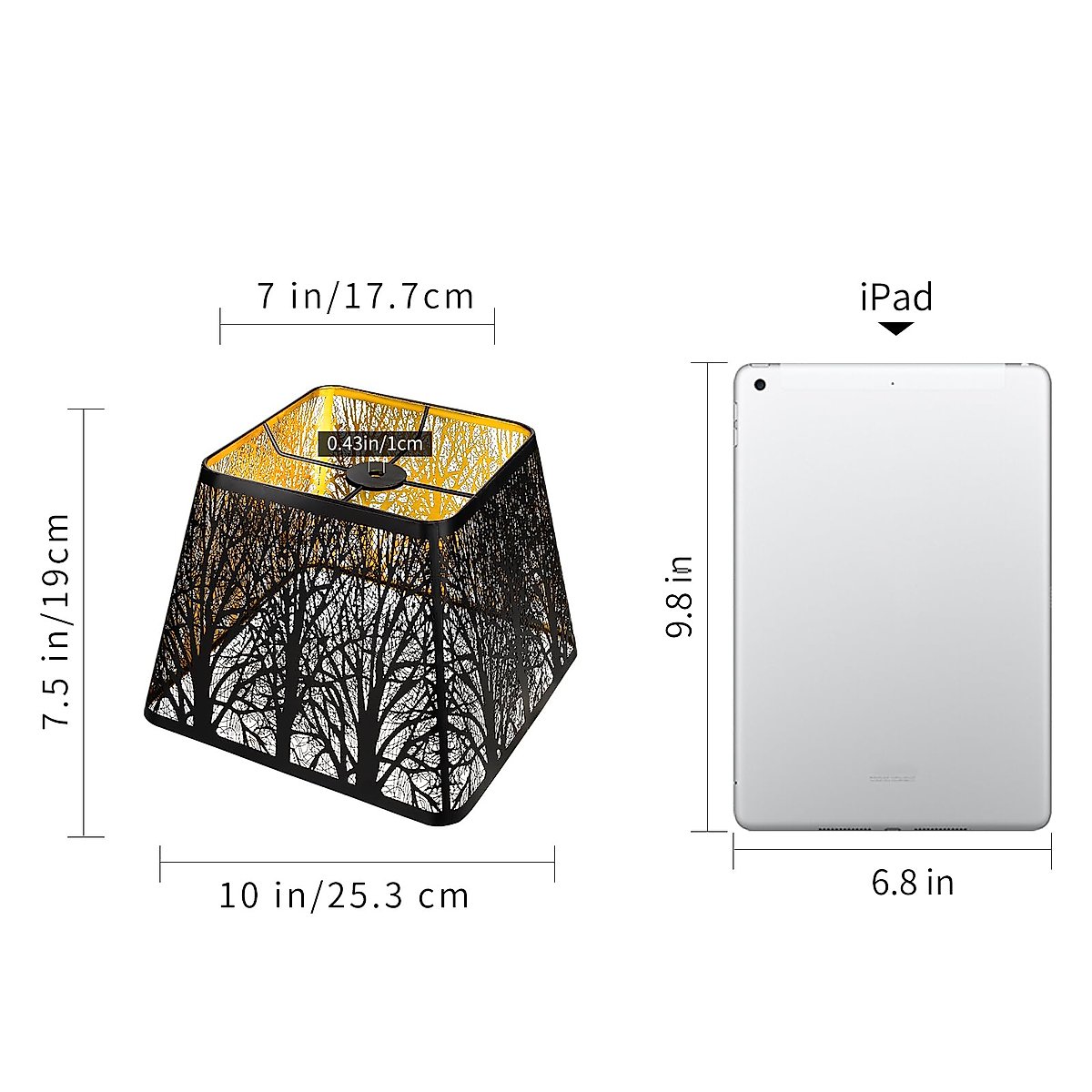 Medium Square Lamp Shades, ALUCSET Metal Lampshade with Pattern of Trees for Table Lamp and Floor Light, 7 x 10 x 7.5 Inch, Pattern of Trees (Black/Gold)