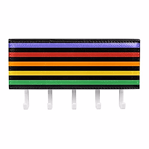 Colorful Horizontal Lines Striped Pattern with Black Background Mail Holder Organizer and Key Hooks PU Front, Self Adhesive Key Rack with 5 Hooks Perfect for Entryway, Hallway，Bathroom ，Kitchen