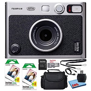 Fujifilm Instax Mini EVO Hybrid Instant Film Camera (Black) (16745183) Bundle with 40 Instant Film Sheets + 32GB Memory Card + Small Padded Case + SD Card Reader + Microfiber Cleaning Cloth