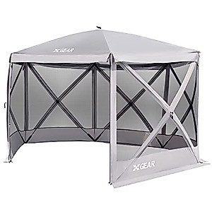 XGEAR 6 Sided Pop Up Camping Gazebo 11.5’x11.5’ Instant Canopy Tent Sun Shelter Screen House with Mosquito Netting, for Patio, Backyard, Outdoor,Grey