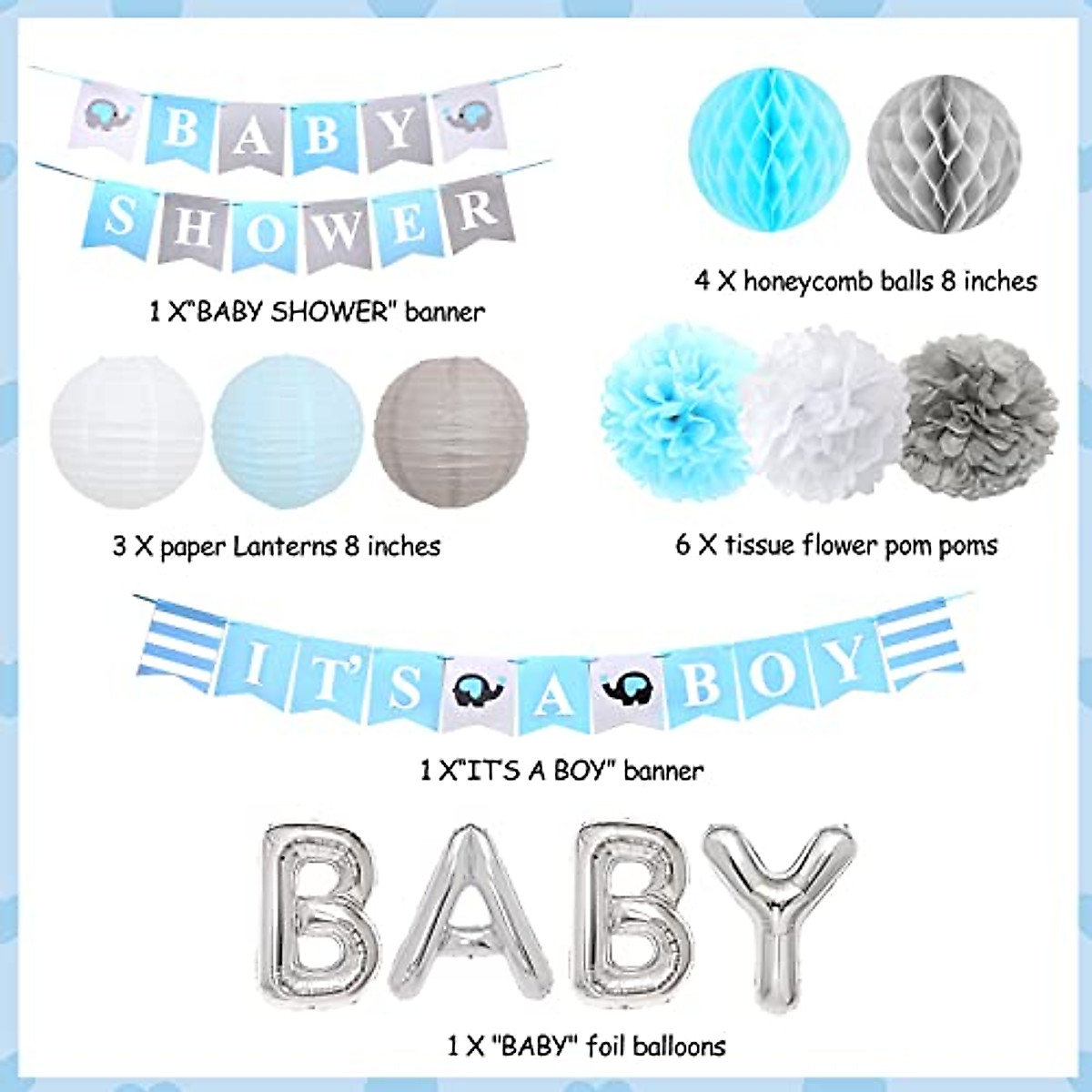 Elephant Baby Shower Decorations for Boy Blue and Sliver, It's A Boy Banner Paper Lantern Paper Pom Poms Flower Honeycomb Balls For Elephant Themed Baby Shower Decor