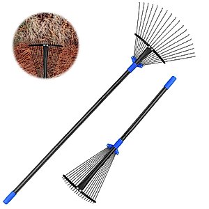 Garden Leaf Rake with Expandable Head from 9.5 inch to 17 inch, Collapsible Lawn Rake with Adjustable 53 Inch Splicing Handle, Heavy Duty Metal Rake for Lawn Yard, Flowers Beds and Roof