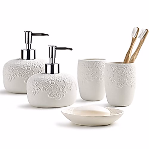 Bathroom Accessories Set with Embossed Design 5PCS, Ceramic White Bathroom Accessory Set, 2Pcs Bathroom Soap Dispenser 14oz, 2Pcs Tumbler Cup, 1Pcs Soap Dish, ANTIS'S HOME