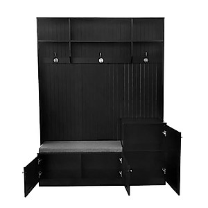 BNSPLY 59" Hall Tree with Bench and Shoe Storage, Modern Entryway Bench with Coat Rack and Cushion, Mudroom Bench with 2 Large Storage Cabinet,3 Metal Hooks and Top Shelves for Hallway (White)