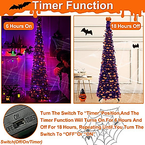 [ Orange & Purple Lights ] 5 Ft Halloween Black Christmas Tree Timer DIY 50 Lights Battery Operated Pumpkin Top Sequin Tinsel Artificial Pop Up Pencil Scary Halloween Decoration Home Indoor Outdoor