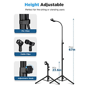 Mic Stand, Bietrun Metal Gooseneck Boom Arm Mic Stand Tripod, Height＆360° Adjustable, with Carrying Bag & 2 Mic Clips,Compatible with Wireless Mic＆Wired Mics for Singing/Wedding/Church/Stage/Party